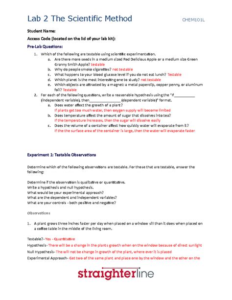 CHEM101L Lab 2 This Lab Covers The Scientific Method Babe Name Access Code Located On