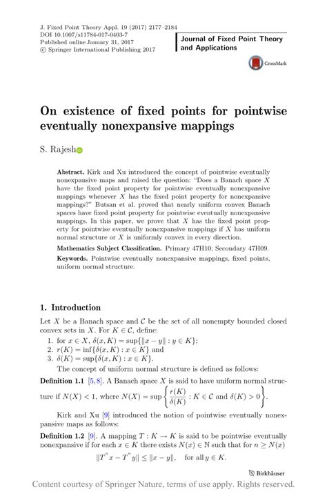 On Existence Of Fixed Points For Pointwise Eventually Nonexpansive Mappings Request Pdf
