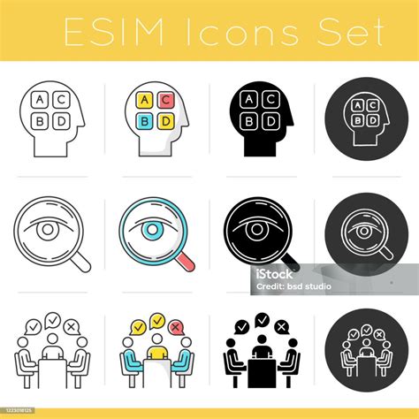 측량 방법 아이콘 세트입니다 분석 인터뷰 그룹 관리 설문지 성격 검사 피드백 사회학 글리프 디자인 선형 분필 및 색상 스타일