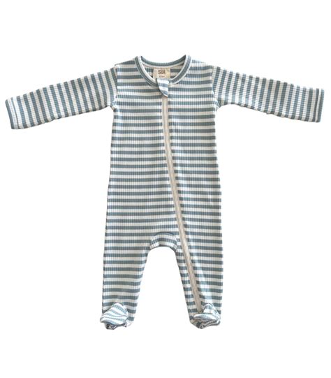 Dusty Blue Stripe Organic Ribbed Zip Footie Siix Collection