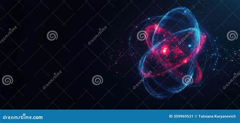Atomic Structure Visualization With Glowing Red And Blue Orbits And Particles In Dark Background