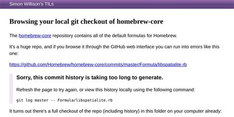 browsing your local git checkout of homebrew core simon willison s tils