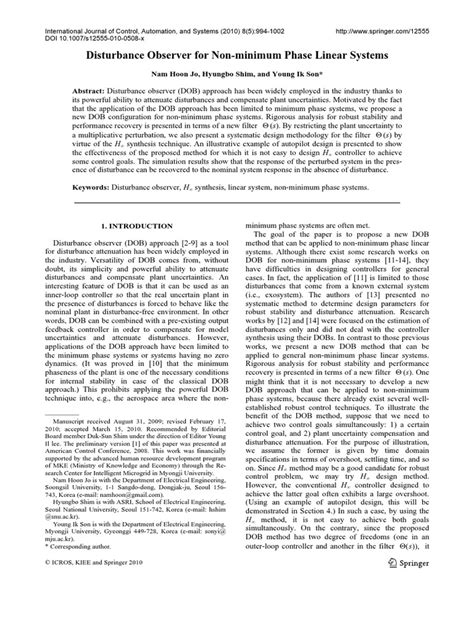 Disturbance Observer For Non Minimum Phase Linear Systems Pdf
