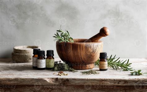Natural Herbal Essential Oils And Fresh Ingredients Arranged With A