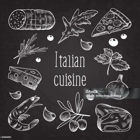 이탈리아 요리 스케치 칠판 낙서 음식 메뉴 디자인 서식 파일입니다 손으로 그려 전통적인 이탈리아 요리 피자 치즈와 고기 벡터 일러스트 레이 션 마늘에 대한 스톡 벡터 아트