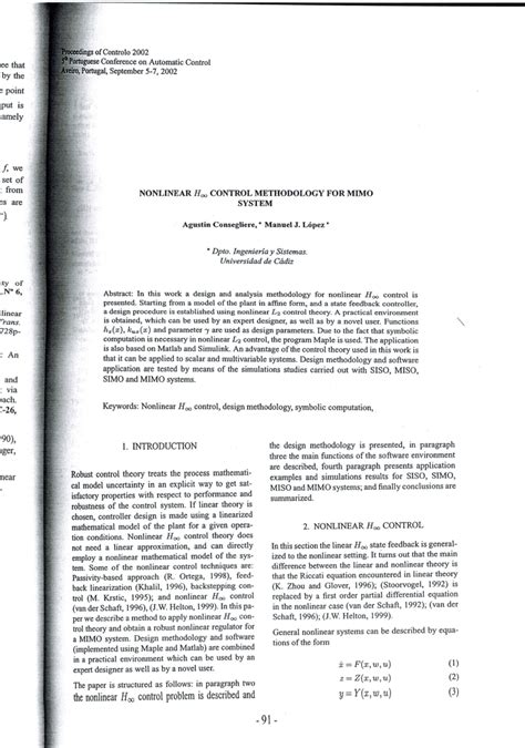 PDF Nonlinear H Infinity Control Methodology For MIMO System