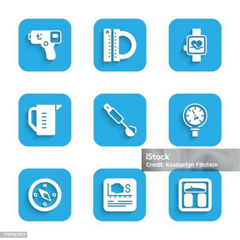 계량스푼 면적 측정 욕실 저울 압력 수량계 나침반 컵 스마트 시계 및 디지털 온도계 아이콘을 설정합니다 벡터 공학에 대한 스톡 벡터 아트 및 기타 이미지 Istock
