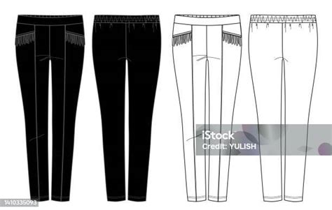 벡터 슬림 핏 바지 패션 Cad 프린지 트림 기술 도면 레깅 패션 플랫 스케치 템플릿과 여성 높은 허리 레깅스 전면 후면보기 흑백 색상의 레깅스 0명에 대한 스톡 벡터 아트