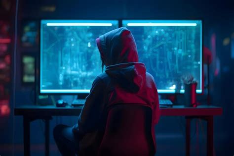 Premium Ai Image A Hacker In A Red Hoodie Sits In Front Of A Computer