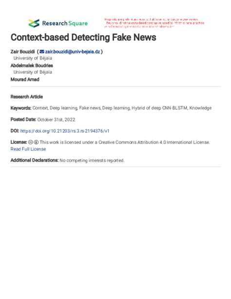 Pdf Context Based Hybrid Model For Fake News Detection