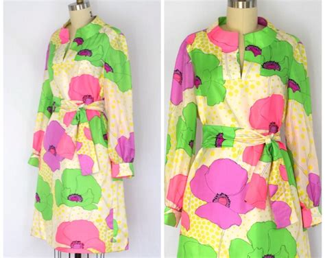 Pop Print Bh Wragge Dress 70s Acid Floral Patterned Dress Womens Size