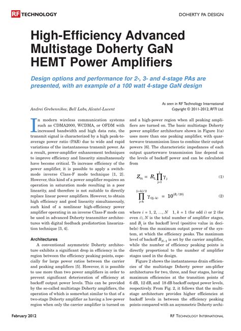 pdf high efficiency advanced multistage doherty gan hemt power amplifiers