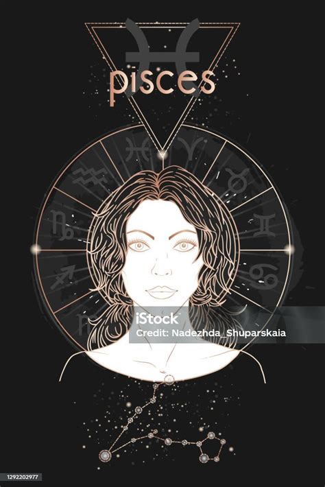 골드 점성술 카드 조디악 기호 물고기자리 별자리와 아름다운 여성 초상화 게자리에 대한 스톡 벡터 아트 및 기타 이미지 게자리 금 금속 러시아 Istock