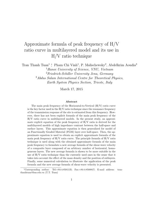 Pdf Approximate Formula Of Peak Frequency Of Hv Ratio Curve In Multilayered Model And Its Use