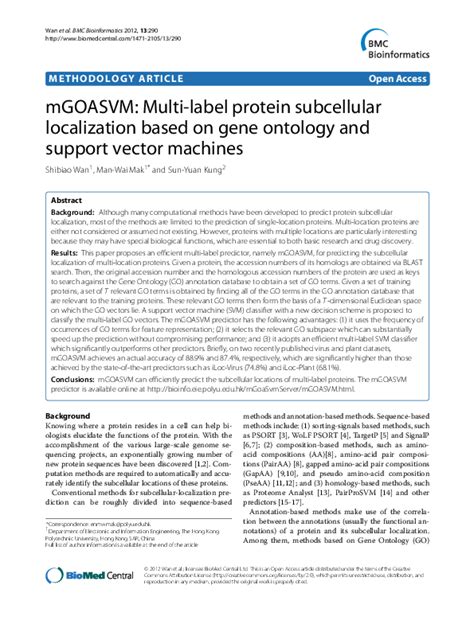 Pdf Mgoasvm Multi Label Protein Subcellular Localization Based On Gene Ontology And Support