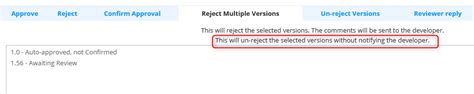 The Un Reject Version Info Text Is Also Displayed For The Reject Multiple Versions Action