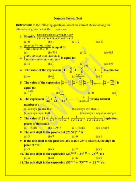 Number System Test Pdf Mathematical Notation Mathematical Concepts