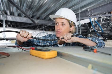 Female Electrician Installing Electric Device In Ceiling Stock Photo Image Of Person Female