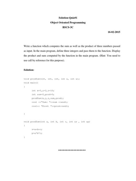 Solution Quiz1 Object Oriented Programming Bscs 3c 16 02 2015 Pdf