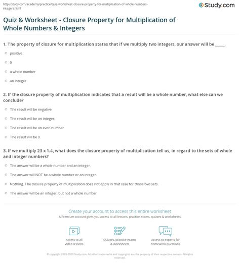 Quiz And Worksheet Closure Property For Multiplication Of Whole Numbers And Integers