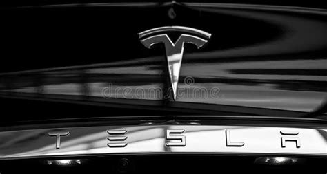 Tesla Emblem On Black Car Close Up Silver Logo Editorial Image Image