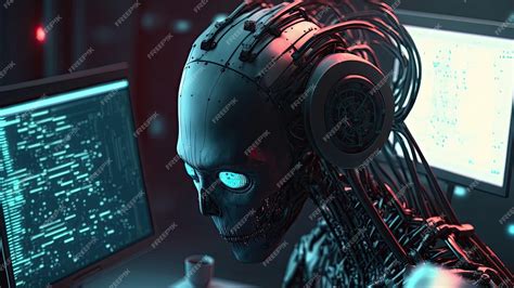 Premium Photo Hacker Robot Hacks A Computer In Front Of A Monitor
