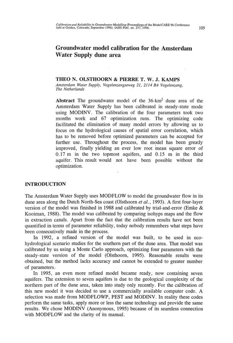 Pdf Groundwater Model Calibration For The Amsterdam Water Supply Dune