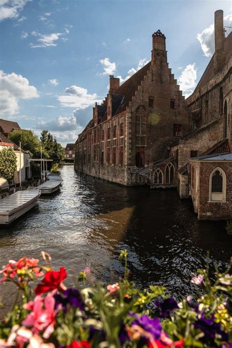 Flower Framed Canal View Of Old Saint John S Hospital Bruges Belgium
