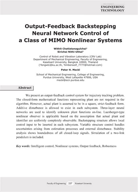 Pdf Output Feedback Backstepping Neural Network Control Of A Class Of Mimo Nonlinear Systems