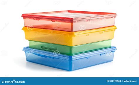 Stack Of Plastic Box Package Isolated On White Background Use For