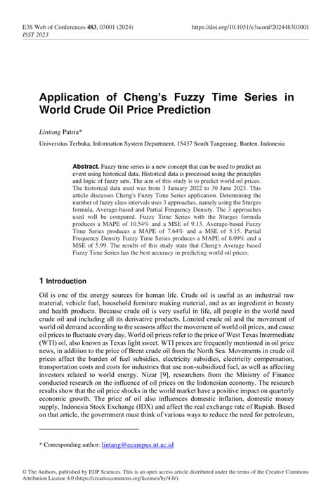 Pdf Application Of Chengs Fuzzy Time Series In World Crude Oil Price Prediction