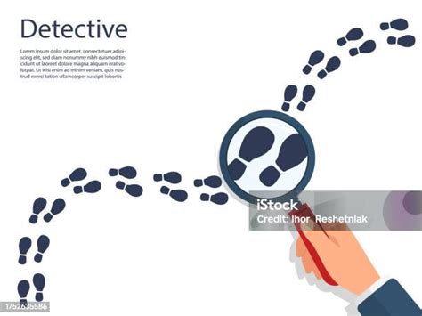 돋보기를 들고 손으로 발자국 추적 형사는 미스터리 발자국을 조사합니다 스파이는 신발 자국을 검사합니다 벡터 그림 형사에 대한