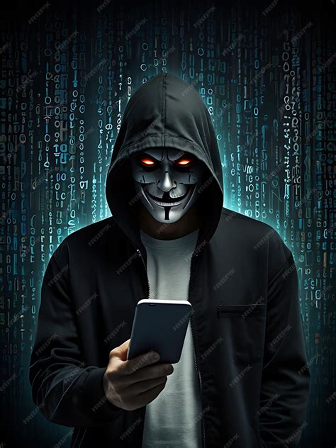 hacker wearing the anonymous mask and hoodie on dark binary code background premium ai