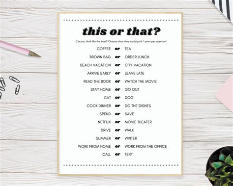 This Or That Printable Game Work Happy Hour Activity Digital Download