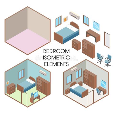 Bedroom Interior Constructor Vector Flat Isometric Illustration Stock Vector Illustration Of