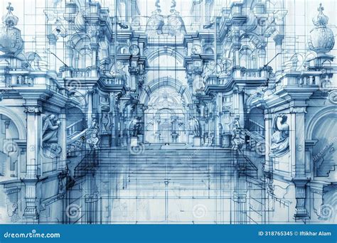 Blueprint Design Of A Building Showcasing Intricate Architectural Details And Statues An