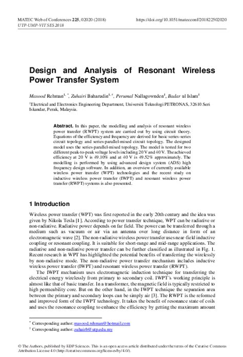 pdf design and analysis of resonant wireless power transfer system