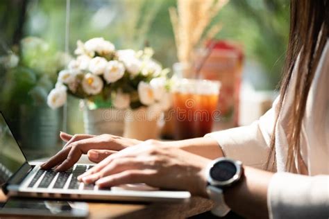Closeup Female Hands Typing On Laptop Keyboard Woman Working At Home