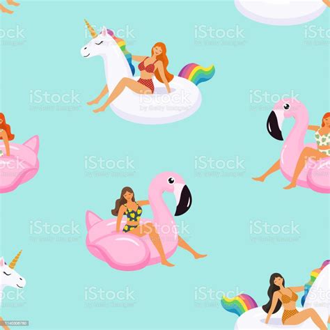 풍선 수영장 플라밍고와 유니콘에 유행 수영복에 귀여운 여자와 여름 패턴입니다 벡터 원활한 텍스처입니다 소녀에 대한 스톡 벡터 아트 및 기타 이미지 Istock
