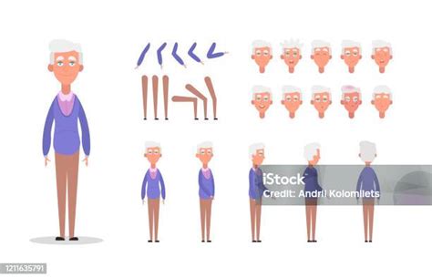 다양한 뷰와 애니메이션노인 캐릭터 생성자는 제스처 헤어 스타일과 감정을 포즈 만화 노인 남자에 대한 스톡 벡터 아트 및 기타