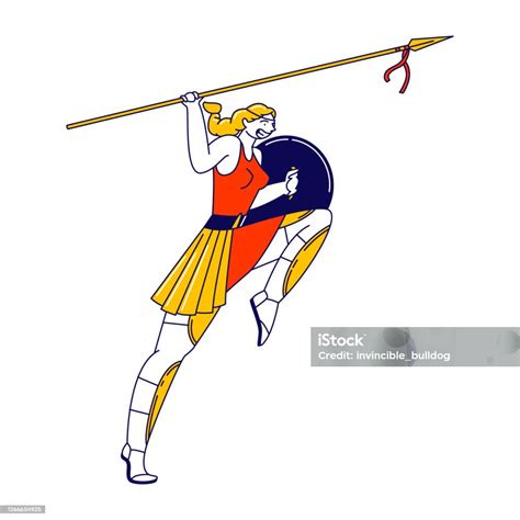 방패와 아마존 여성 캐릭터는 흰색 배경에 고립 된 창을 던질 준비 그리스 신화 인물 일러스트레이션에 대한 스톡 벡터 아트 및 기타 이미지 일러스트레이션 골동품 꼬마