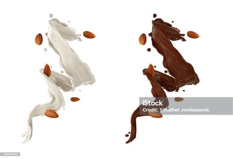 아몬드 분리와 초콜릿과 밀크 스플래시 3d 그림 아몬드에 대한 스톡 벡터 아트 및 기타 이미지 아몬드 초콜릿 우유 Istock