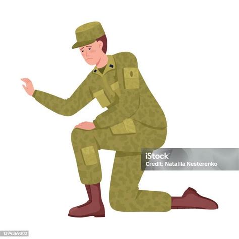 무릎 세미 플랫 컬러 벡터 캐릭터에 서있는 군인 화가 난 남자 가공의 인물에 대한 스톡 벡터 아트 및 기타 이미지 가공의 인물 공휴일 군대 Istock