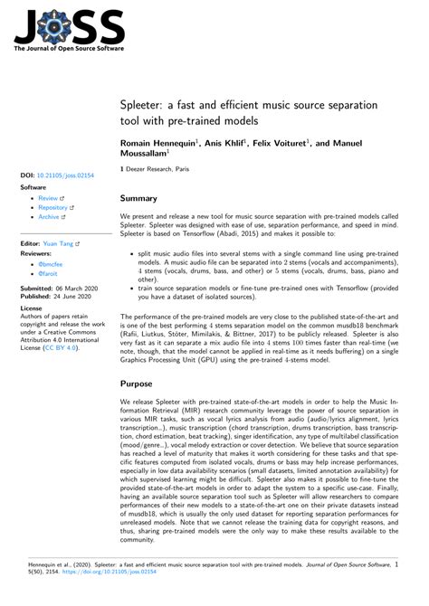 Pdf Spleeter A Fast And Efficient Music Source Separation Tool With