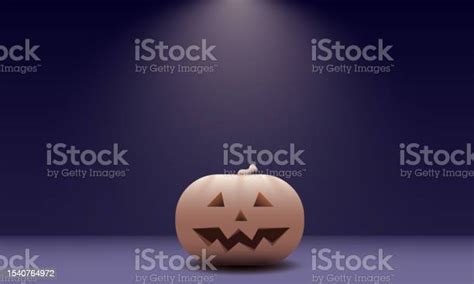 보라색 벽 근처의 벡터 3d 호박과 위의 스포트 라이트 할로윈 파티 벽 근처에 오렌지 호박 3d 그림 텍스트 장소 해피 할로윈 파티 포스터 10월에 대한 스톡 벡터 아트 및