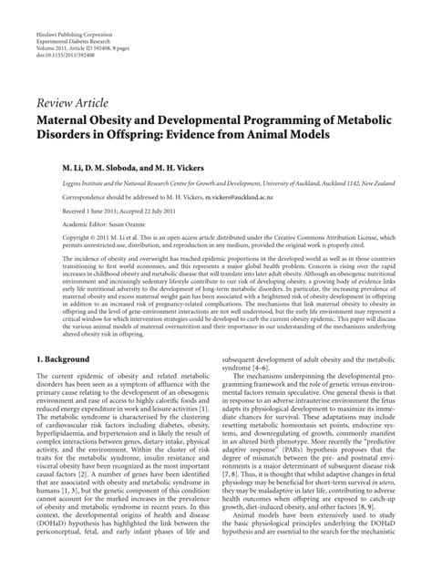 Pdf Maternal Obesity And Developmental Programming Of Metabolic Disorders In Offspring