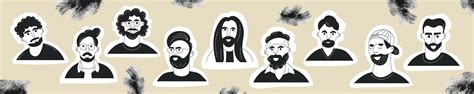 낙서 남자 얼굴 아바타 콧수염과 수염 스티커 그런 지 컬렉션 유행 Hipster 남자 초상화 흑백 평면 벡터 일러스트 레이 션 배너 또는 템플릿 프리미엄 벡터