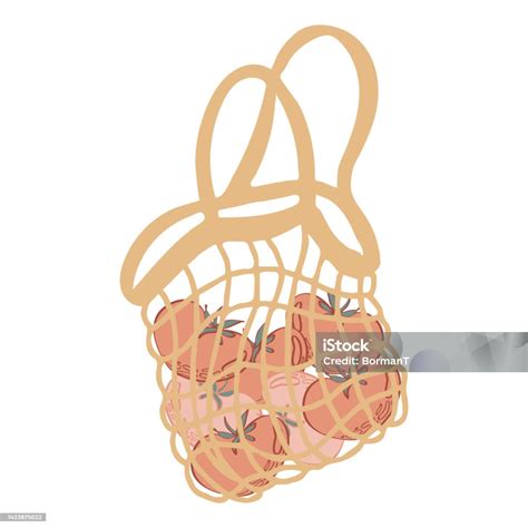 환경 친화적 인 살아있는 고립 된 벡터를위한 토마토가있는 메쉬 가방 비건 제로 폐기물 개념의 패션 구매자 배너 엽서 포스터를위한 다채로운 손으로 그린 벡터 일러스트 레이 션
