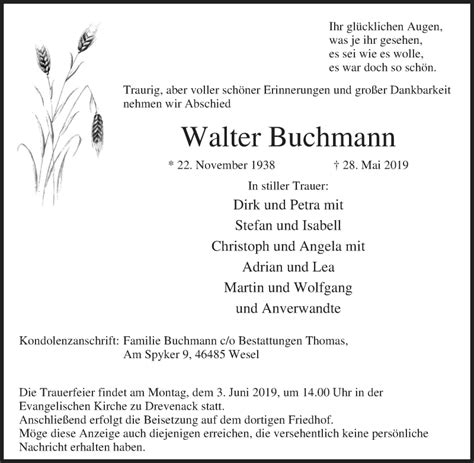 Traueranzeigen Von Walter Buchmann Trauer In Nrwde