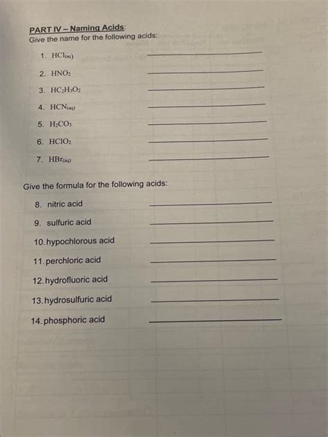 Solved Part Iv Naming Acids Give The Name For The Following